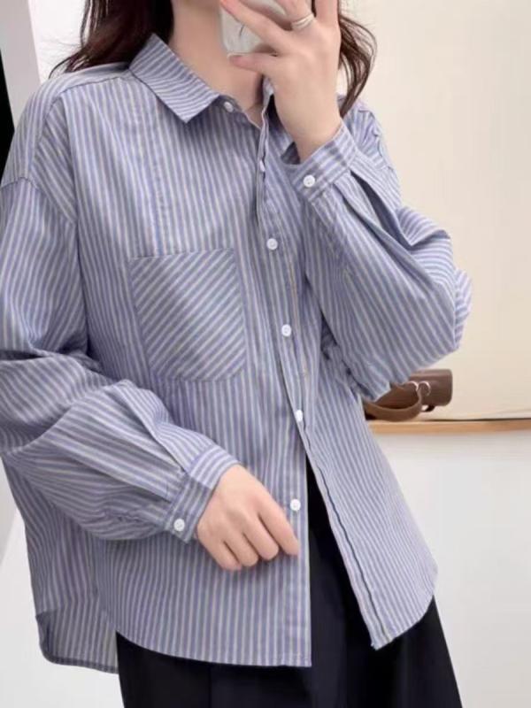 ・素材: 綿・柄: ストライプ・スタイル: カーディガン・袖丈: 長袖・版型: ゆったり・着丈: 普通(50cm<着丈≤65cm)・襟の形: ポロ・袖のタイプ: ドロップショルダー・流行の要素: ポケット・カラー: ホワイト, ブルー...