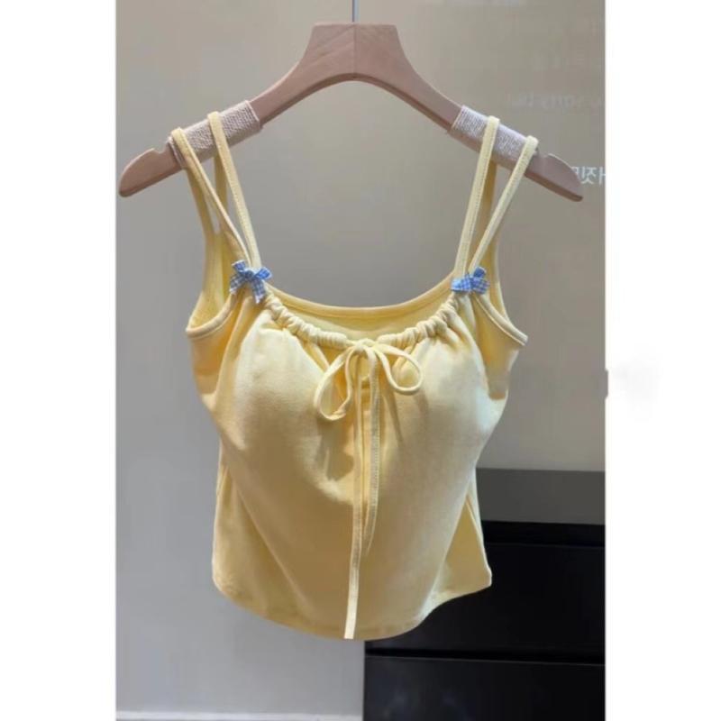 ・カテゴリ: 吊带背心・主な素材: 锦纶・カラー: 白色, 黄色・サイズ: 均码（40-65kg）・スタイル: 纯欲风・ネックライン: 圆领・季節: 夏季, 秋季・主面料成分含量: 70%-80%・面料厚薄: 适中