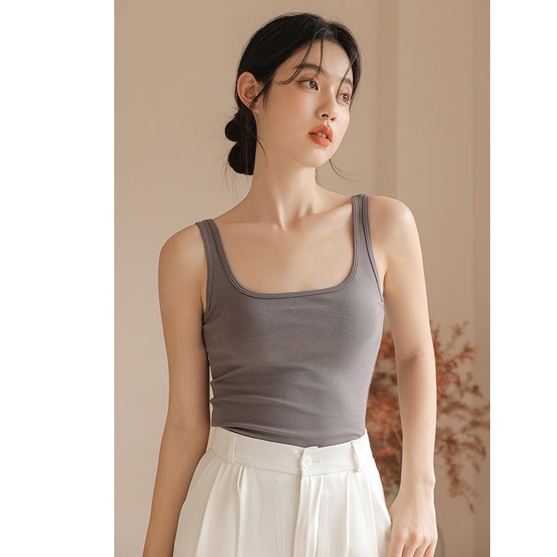 ・製品カテゴリ: 吊帯背心・素材: 粘胶纤维・色: ブラック, ホワイト, 焦糖色, 深灰色・スタイル: カジュアル・ネックライン: 方领