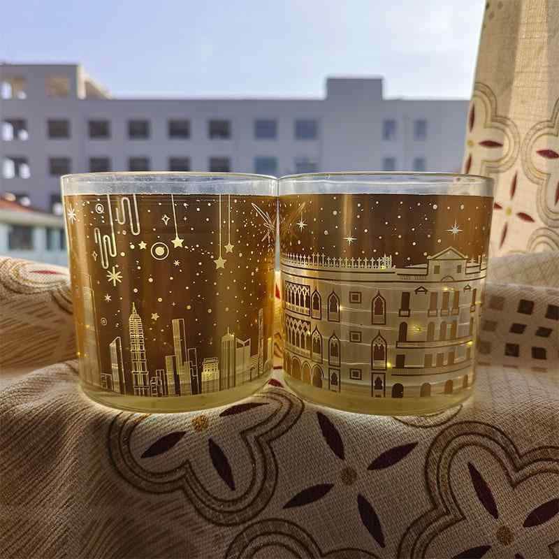 ・材质: 大豆ワックス、ゼリーワックス・工艺: 鋳造・蜡烛种类: 電子キャンドル・形状: 円柱形・尺寸: 金色ラメ, 銀色ラメ, ピンク色ラメ, 街の風景, 夢のような星空, ハート, ロンドンの街並み, クリスマスツリー