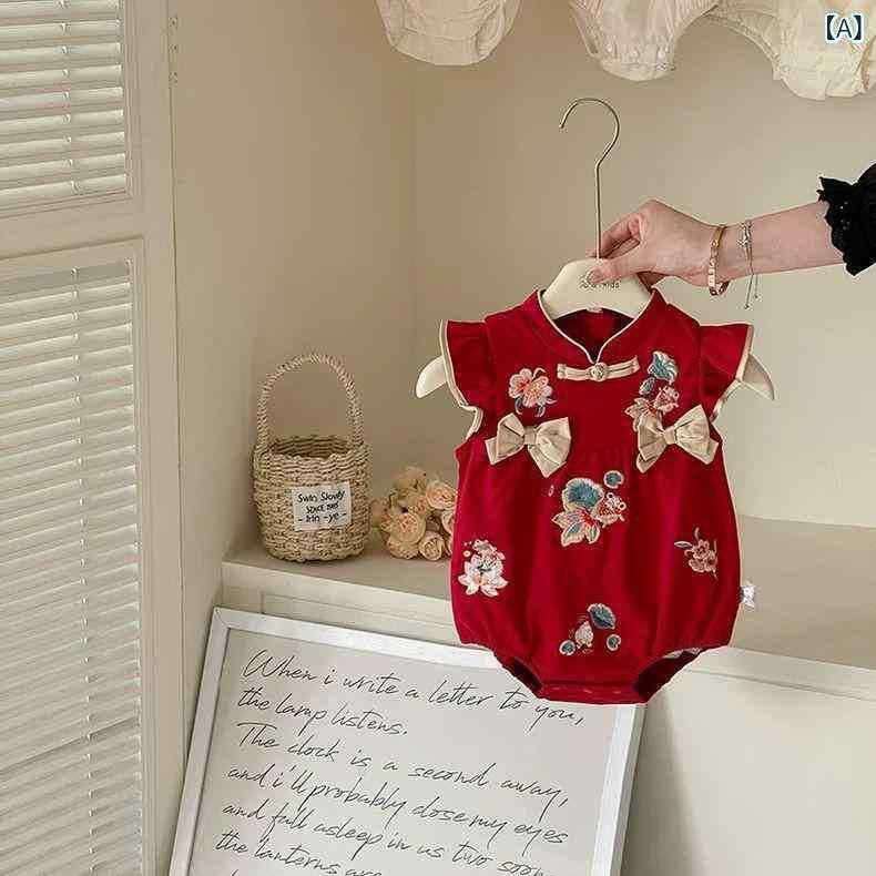 ・素材: 綿・対象年齢: 1～3歳 (80～100cm)・性別: 女・袖丈: 半袖・帽子有無: 無し・厚さ: 普通・主な素材: 綿100%・留め具: 斜めボタン・スタイル: カジュアル・タイプ: ショートロンパース・色: 赤・身長: 59,...