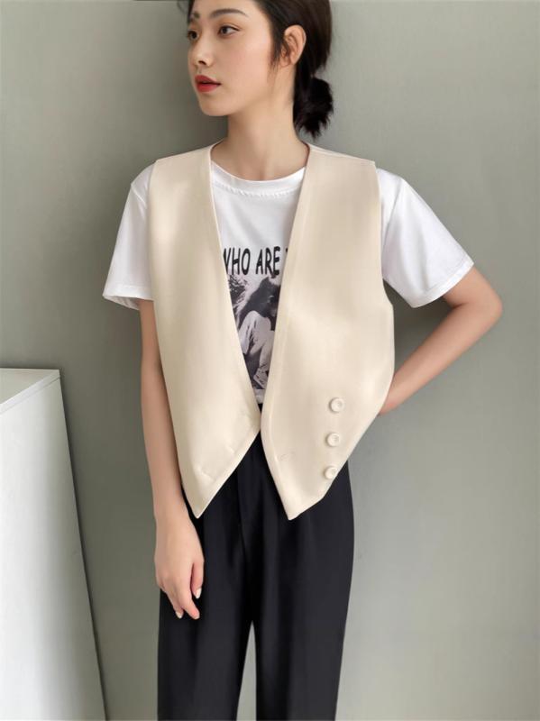 ・款式: アシンメトリー・衣長: 普通(50cm<衣長≤65cm)・領型: Vネック・柄: 無地・面料名称: TR面料・主な素材: ポリエステル・カラー: ブラック, 杏色・サイズ: M, L, XL, XXL・スタイル: 通勤・対象...