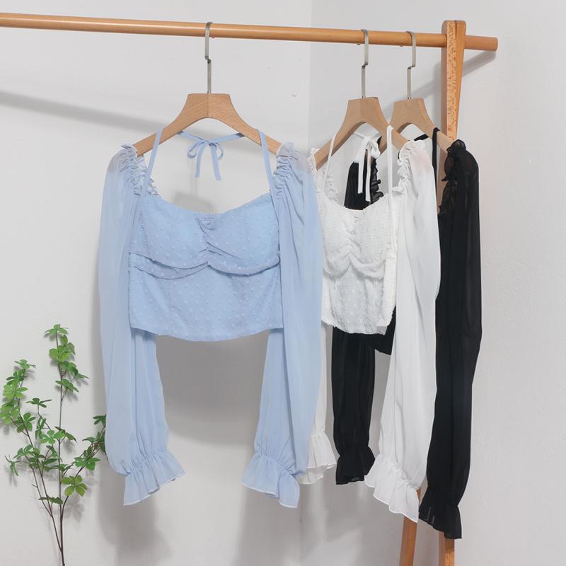 ・素材: 涤纶（聚酯纤维）・柄: 無地・スタイル: プルオーバー・袖丈: 長袖・工艺: パッチワーク・フィット: スリム・着丈: 短め(40cm<着丈≤50cm）・ネックライン: スクエアネック・袖のタイプ: ランタンスリーブ・流行の...