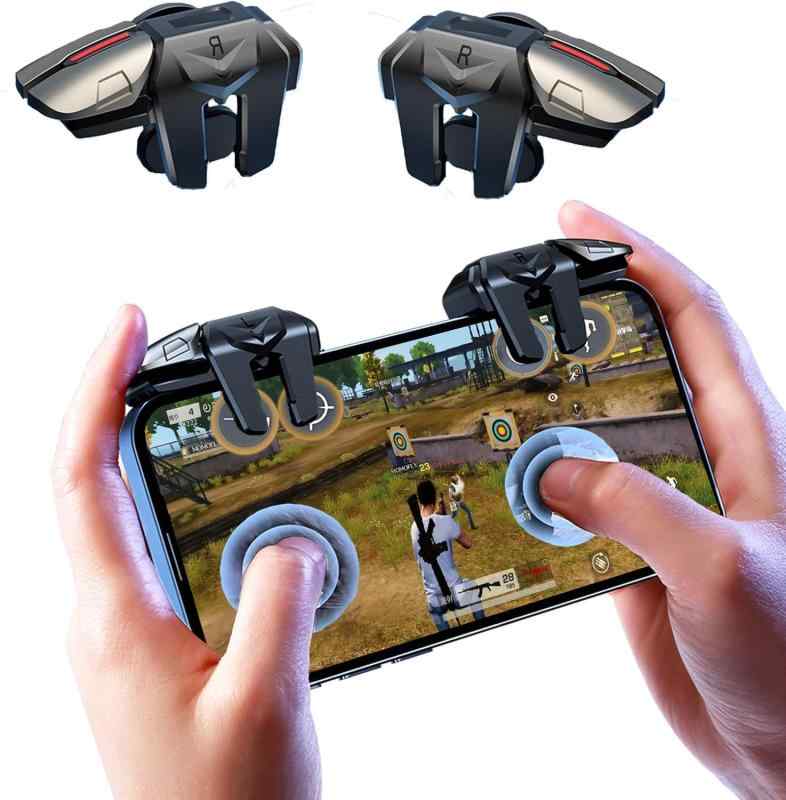 モバイルゲーミング コントローラー, 4ボタン, 合金製黒軸メカニカル, シューティングゲーム用, iPhone/Android対応, 高速精確な射撃ボタン【一回押しダブルコントロール】各コントローラには2つのメカニカルボタンがあり、別々に...