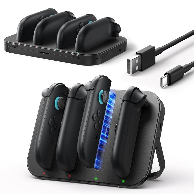 JSAUX Switch 2 ジョイコン用 充電スタンド｜スイッチ2 対応 4台同時充電｜マグネット式コネクタ｜折りたたみ式スタンド｜LEDライト付き｜1.5m USB Cケーブル付属Switch JoyCon 2 専用 4台同時充電ドック...