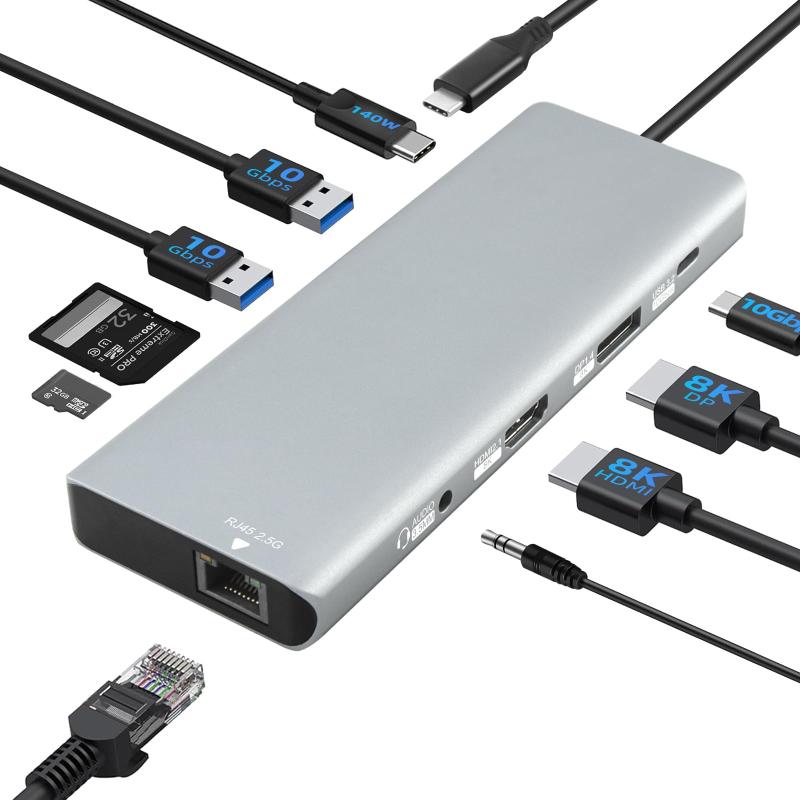 Bytecc USB C 4.0 ドッキングステーション、10 in 1 ノートパソコンマルチポートアダプター USB ハブ、デュアル 8K HDMI2.1 &amp; DP1.4、140W PD 入力、10G USB3.2/GEN 2 ポ...