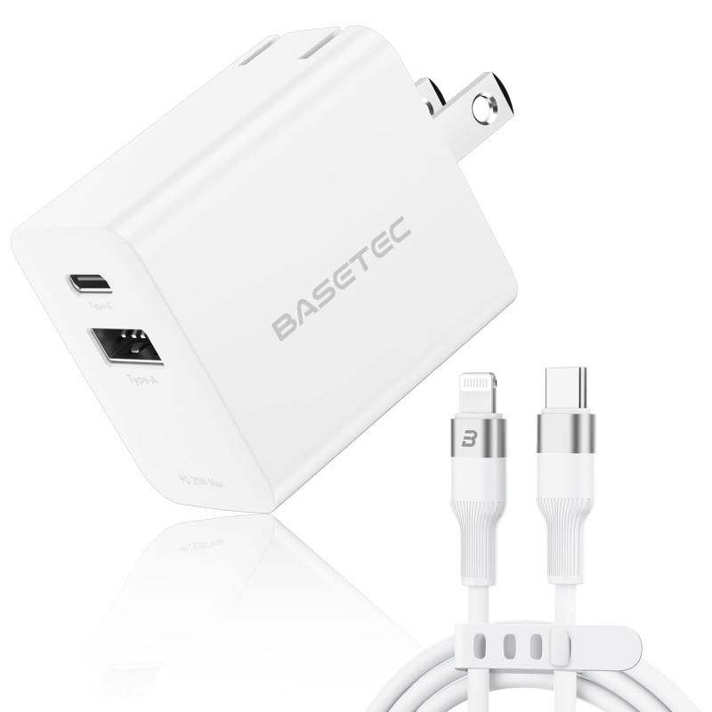 BASETEC 急速充電器 20W PD対応 折りたたみ式｜USB-C &amp; USB-A 2ポート｜ケーブル付 (タイプC-Lightning, ホワイト)【Apple製品対応の充電セット】 　iPhone 14以前や一部iPadに対...