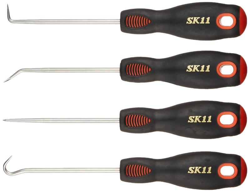 SK11(エスケー11) ピック&amp;フックセット 4本組 PFS-1用途:細かな部品のねじ等の脱着・調整入数:4本組仕様:ソフト樹脂二重形成グリップ軸:ステンレス、柄:TPR+PP樹脂セット内容:フック・アングル・ライトアングル・ストレート
