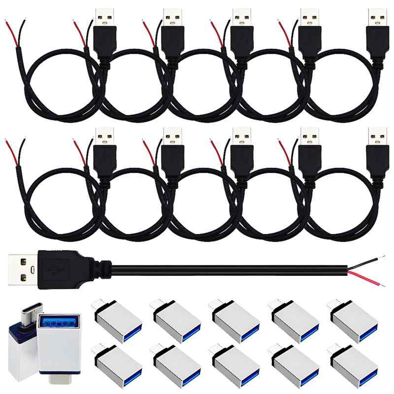 USB 2.0 オス裸線ケーブル、CESFONJER USB 電源コード 22AWG &amp; アダプタ 10 キット、2 コア DIY ピグテール オープンエンド電源ケーブル 0.3M/1Ft デバイス充電専用🔌機能サポ...