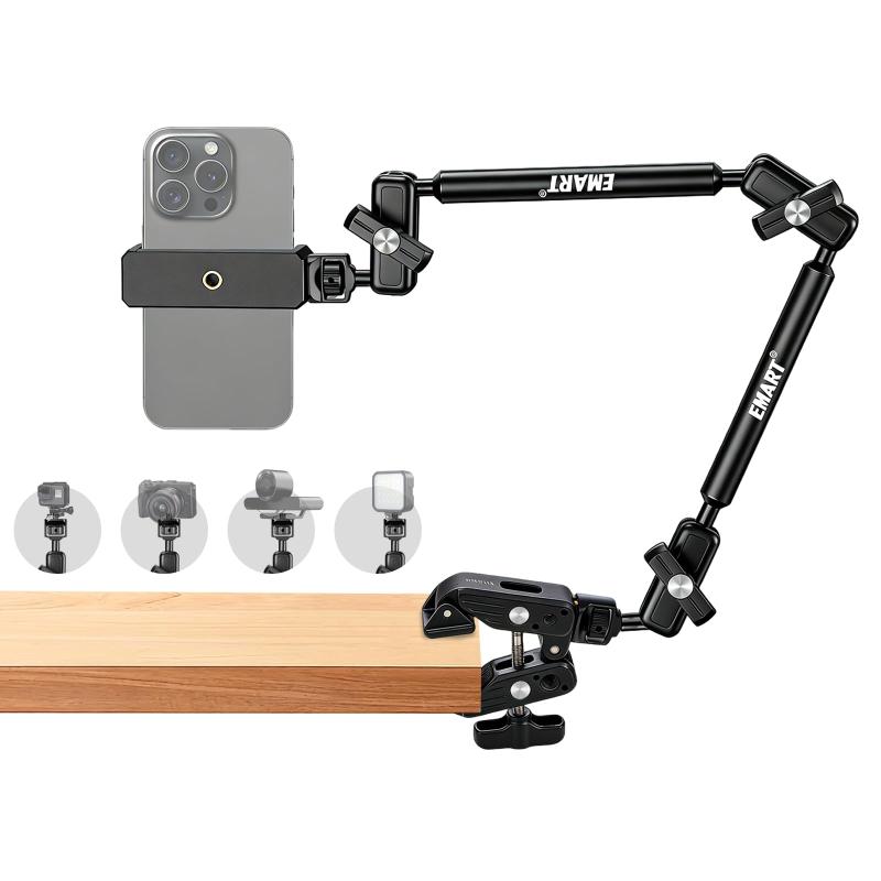 EMART マジックアーム カメラアーム スマホホルダー 俯瞰撮影 スーパー強力クリップ付き デュアルボールヘッド設計 関節式マジックアーム 1/4"と3/8"ネジ穴 卓上スタンド スマートフォ【360°デュアルボール雲...