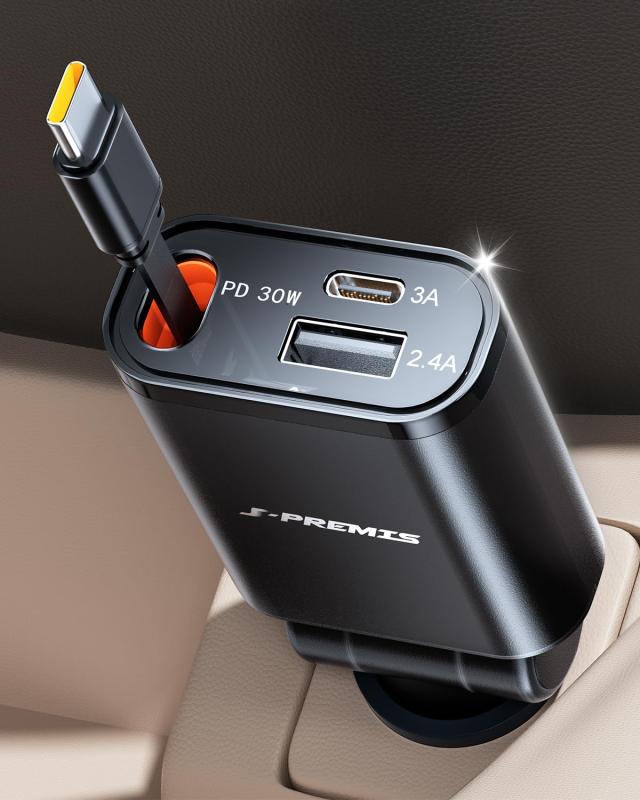 J-PREMIS 車載充電器 シガーソケット 巻き取り式 小型設計 総57W 急速充電 3台同時充電対応 QC3.0+PD30W USB-A/C 角度調節可能 12V/24V対応 iPhone/Android/iPad/PC/カメラ/ゲーム...
