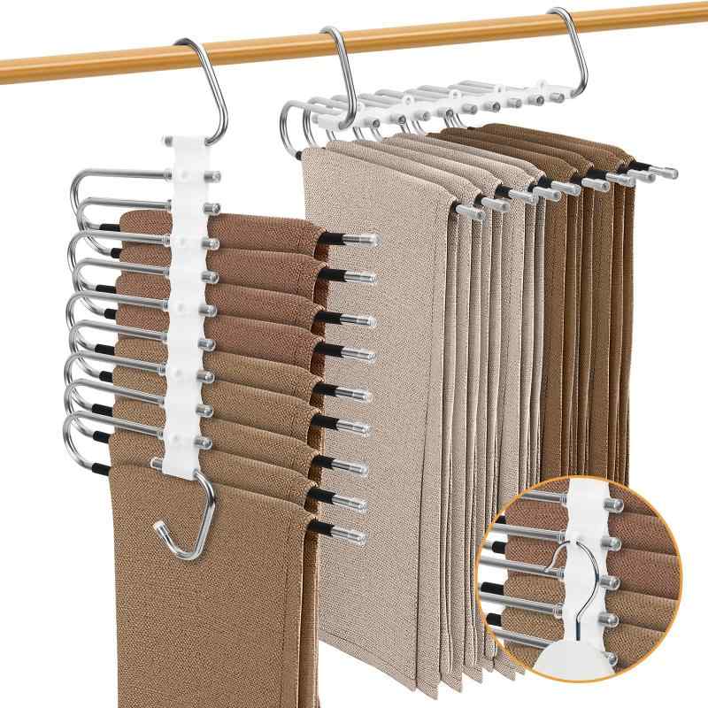 ズボンハンガー 2本セット スラックスハンガー 伸縮式 折りたたみ可能 収納ハンガー デニム ロングスカートハンガー ステンレス 荷重力 乾湿両用 滑り止め 省スペース 収納カ 跡がつかない【収納カ抜群・ハンガー穴付き】この多段ハンガーは、...