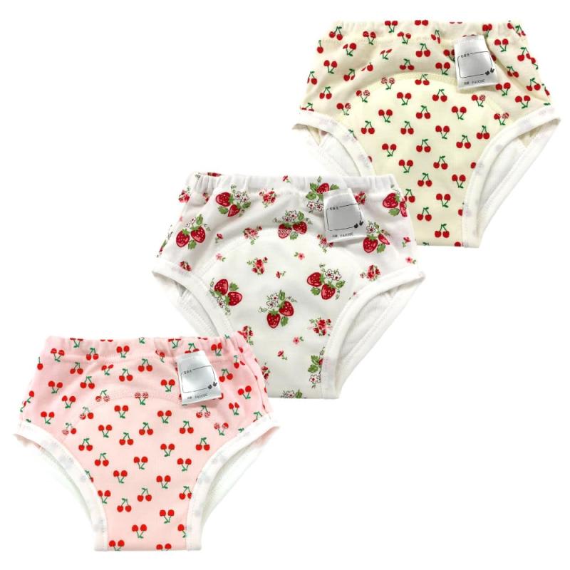 トレーニングパンツ 4層 女の子 3枚組 トレパン トイレトレーニング ベビー T4009Eトイトレ初期～中期の子におススメの4層タイプのトレパン。パンツに吸水層を縫い付けた一体型でお尻周りがもこもこしにくくすっきりとした着用感。イチゴとサ...