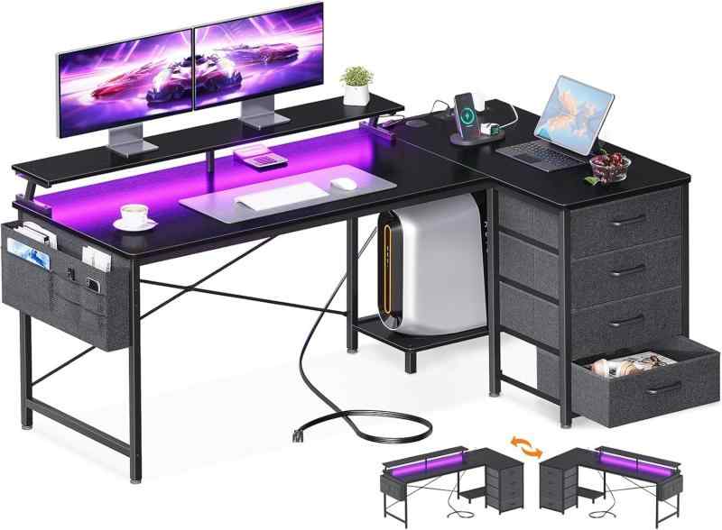 AODK パソコンデスク ゲーミングデスク 幅140 160 コンセント付き L字 l字タイプ desk 引き出し4杯付きLED付き