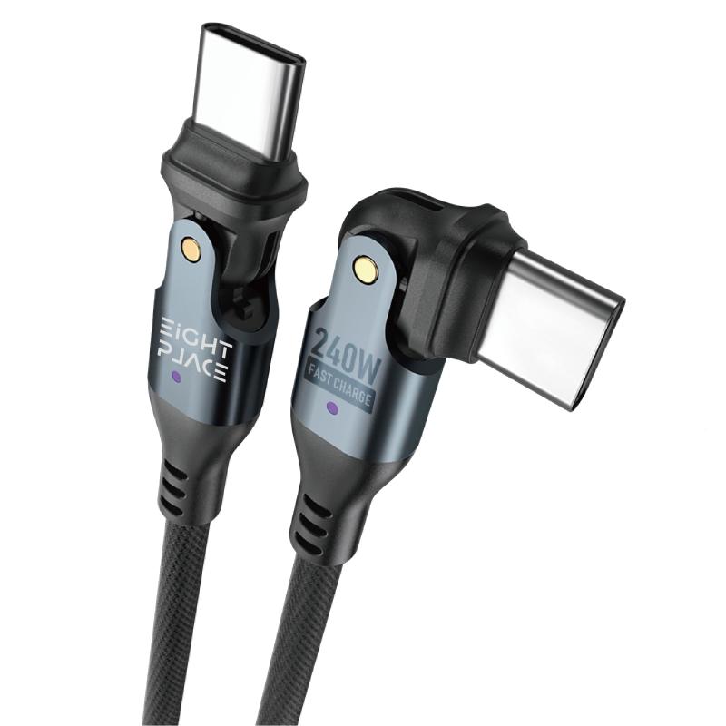 Eight Place 240W USB Type-C 急速充電ケーブル, データ送信, 180度回転コネクター（両方ダブル）, PDケーブル, ブラック、L字コネクター、サポート48V/5A、スマホ、タブレット、ゲーム高速充電: PD 2...