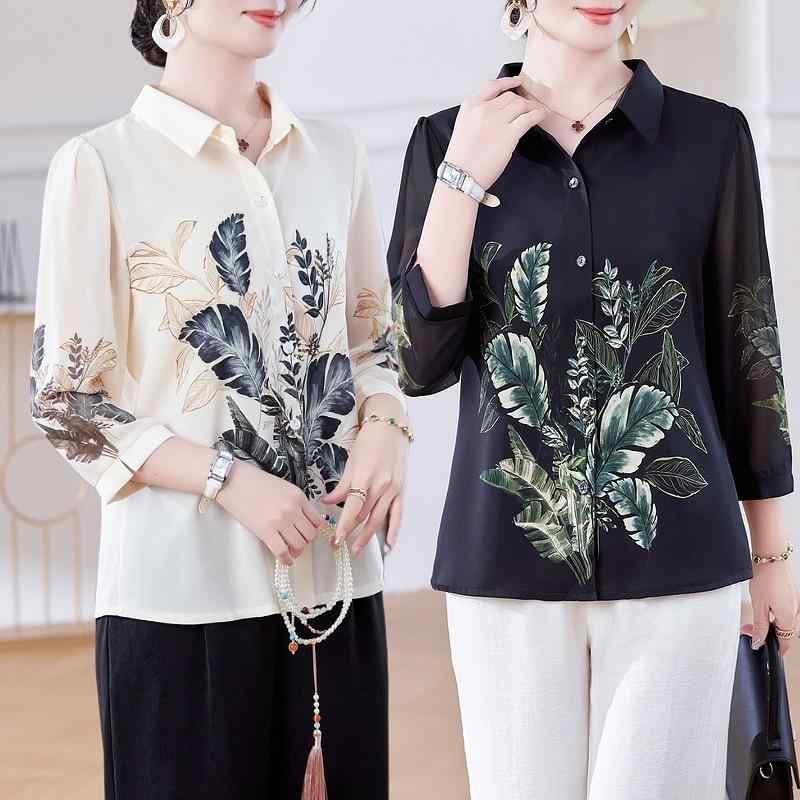 ・カテゴリ: シャツ・スタイル: 通勤・主な素材: ポリエステル80-90%・柄: 植物花卉・袖丈: 七分袖・袖型: シャツ袖・デザイン: プリント、ボタン・カラー展開: 杏色、藏青色・サイズ展開: XL、2XL、3XL、4XL、5XL