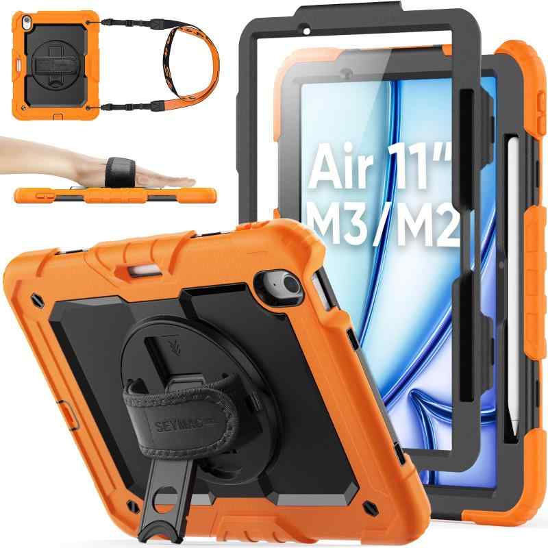 SEYMAC stock 2025年/2024年 iPad 耐衝撃ケース 保護フィルム付き ペン収納 360°回転スタンド ハンドストラップ ショルダーストラップ 全面保護カバー iPad 2025/2024専用型