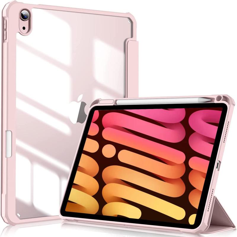 iPad ケース ペンホルダー オートスリープ/ウェイク機能 耐衝撃 三つ折りスタンド 透明バックカバー