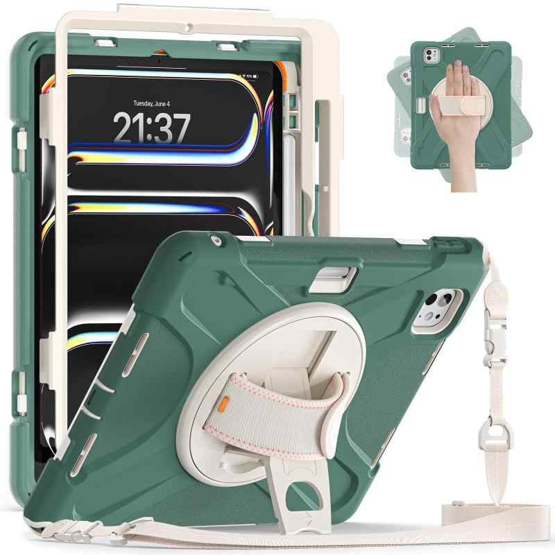 For 2024モデルiPad Pro 11インチ(M4)ケースショルダーストラップ肩掛け 首掛けiPad Pro 11第5世代Apple Pencil 収納可能とペアリング・ワイヤレス充電対応360度回転スタンドと調節可能片手タブレットPC