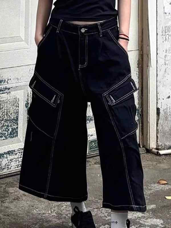 ・カテゴリ: 牛仔パンツ・スタイル: ストリート・主な素材: 綿・素材詳細: 綿50%（含）-70%（不含）・パンツ丈: 七分丈・ウエスト: ミッドライズ・厚み: 中厚・パンツ型: ワイドレッグ・流行要素: 多ポケット、ミリタリー、明線・カ...