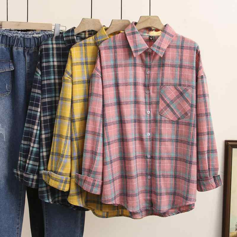 ・柄: 格子・素材: 涤棉・主な素材: 綿・カラー: ピンク, イエロー, 藏青・サイズ: 1XL, 2XL, 3XL, 4XL・スタイル: 气质通勤・ネックライン: 毛领・袖丈: 五分袖・袖型: 牛角袖・対象: 女性