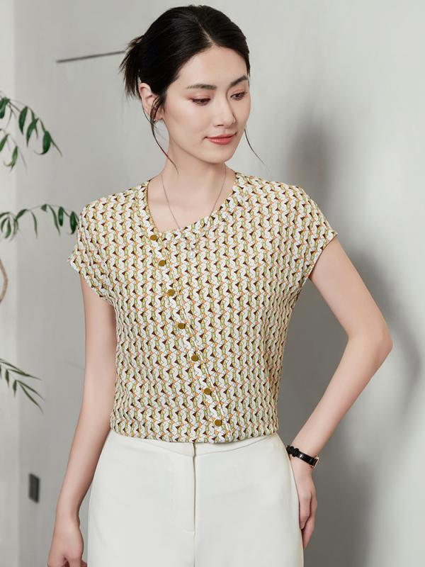 ・主な素材: 桑蚕丝95%以上・柄: 波点・スタイル: 開衫・袖丈: 短袖・プリント: 数码印花・フィット: ワイド・衣長: 普通(50cm<衣長≤65cm)・ネックライン: ラウンドネック・袖型: スタンダード・ディテール: ボタン...