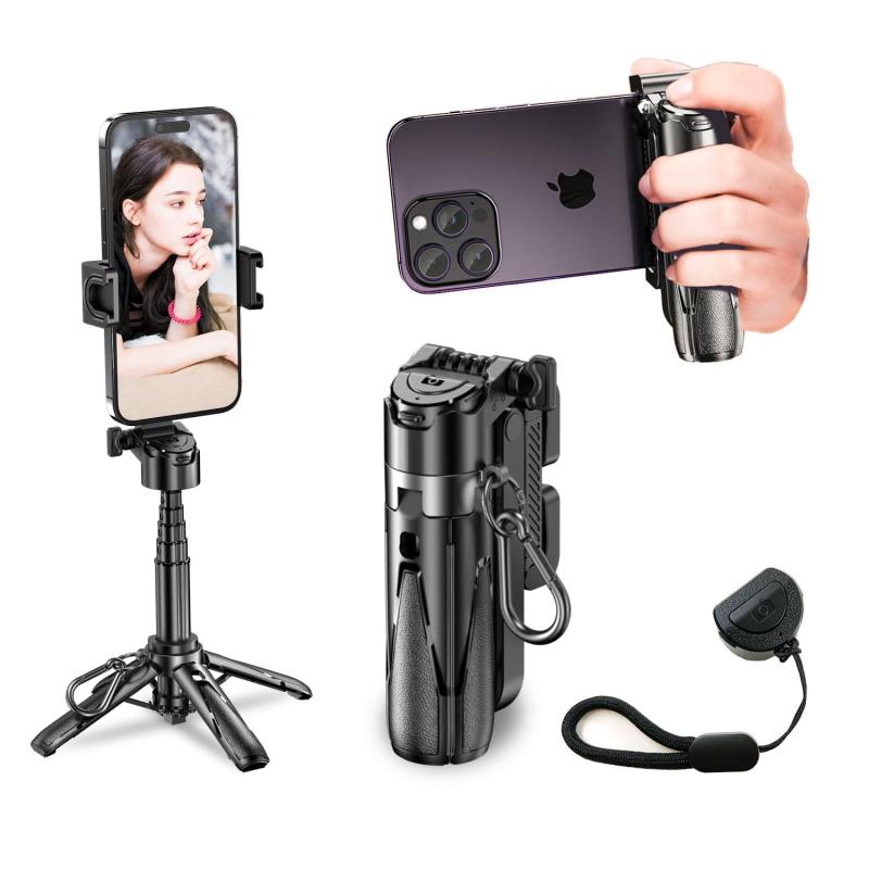 P15 自撮り棒 多機能スマホグリップ 三脚 超コンパクト 折りたたみ式 スマートフォンホルダー スマホ 三脚 リモコン付き コールドシュー付き コンパクト iPhone Androidに対応 写真/旅行/動画を【超コンパクトなデザイン】折...