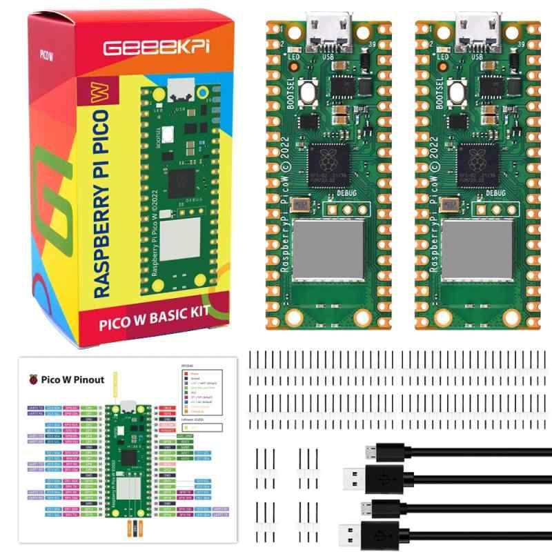 GeeekPi Raspberry Pi Pico W キット ピンヘッダーと USB ケーブル付き - Raspberry Pi RP2040 チップ、Wi-Fi ワイヤレス接続、Raspberry Pi Pico W ボード、20 ピン...