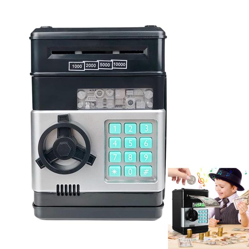 HAPPY SUGAR 貯金箱 ダイヤルロック式 atm 電子貯金箱 紙幣 お札 小銭 おもしろ おしゃれ 貯金 仕分け 自動 子供 money saving box (ブラック)【安心のセキュリティ機能】4桁のパスワードロック機能を搭載し...
