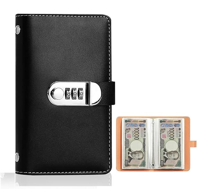 貯金箱 お札 100枚収納可能 貯金ファイル 貯金バインダー 貯金手帳 おもしろ お札封筒貯金 おしゃれ 貯金ノート 家計管理 可愛い 大容量 ダイヤルロック付き (ブラック-A)【貯金箱 札 - 素材】柔らかく耐久性のあるPVCとPUレザ...