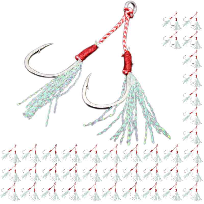 nullie ダブルアシストフック ティンセル ジギング 針幅約1.5cm ジグ 40組80本セットアピール力に優れたフック：ティンセル付属のダブルアシストフック40組80本セットです。アピール力のあるティンセルと、刺さりやすく抜けにくいダ...