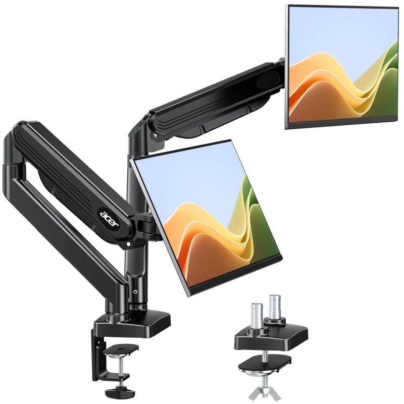 Acer モニターアーム デュアル高品質デュアルモニターアーム - Acer デュアルモニターアーム 2台は、高品質なダイキャストアルミニウム合金と強化メタルフレームを採用し、従来の鉄製モニタースタンドよりも高い耐久性と堅牢性を実現していま...