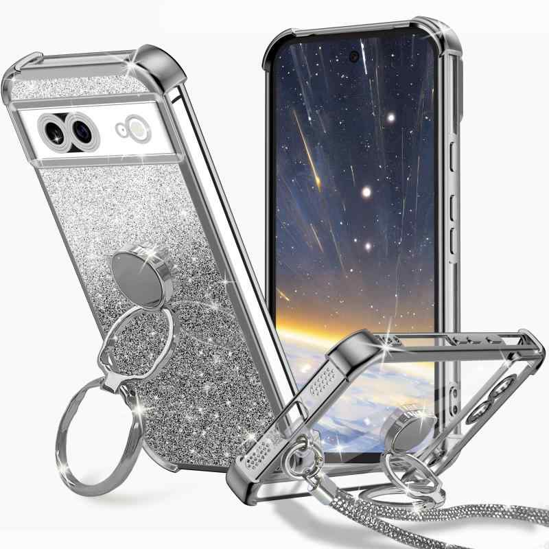 KAJICOO Google Pixel ケース ダブルリング付き グリッターカード&amp;リストストラップ ピクセル7 カバー