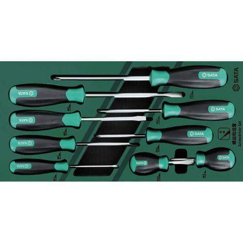 SATA ドライバー 9点 セット 09913A●精密加工された先端がスムーズで安全な作業をサポートします。●整理整頓しやすい専用トレーで、作業場や工具箱の収納にも最適です。●滑りにくいグリップデザインと精密な調整機能で効率的な作業をサポー...