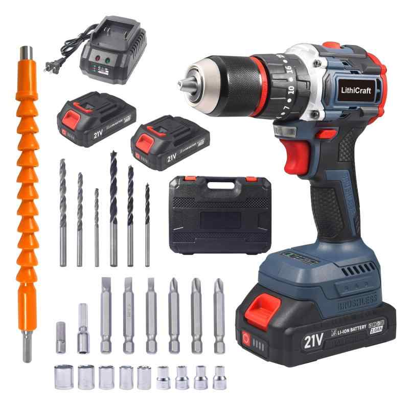 LithiCraft 21V ブラシレス電動ドリルセット55N・m高トルク 13mmチャック3-in-1インパクトドライバー/ドライバー2000mAhバッテリー×2＆1.5時間急速充電35+3段階速度調節24点金属工具箱付属【強力なブラシレ...