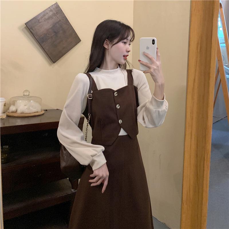 ・スカート丈: ミディアム丈・袖丈: 長袖・ウエスト: ハイウエスト・カラー: ブラック, コーヒー色・サイズ: S, M, L, XL, 2XL・スタイル: スイート, ガーリー・スカートの種類: ワンピース