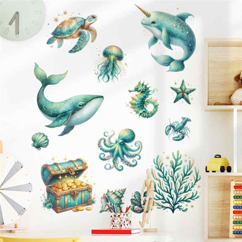 水中生物 ウォールステッカー 海洋生物 水彩画 壁紙シール 壁用デカール クジラ タートル タコ 海の生き物 部屋 寝室用 ステッカー 装飾用 ウォールシール 剥がせる 壁紙シール インテリア デザイン: 美しい水彩画風の海洋生物。クジラ、...