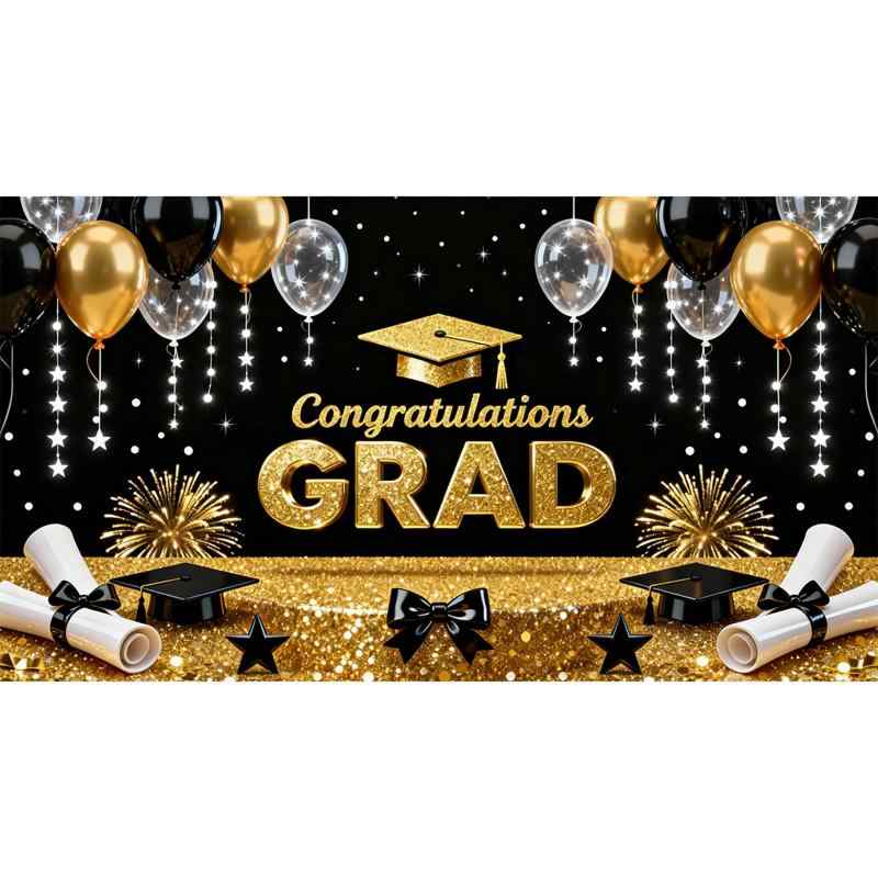 koundeneko 卒業式飾り タペストリー 黒金シリーズ 卒業帽柄 GRADプリント 2026年度 卒業パーティー 背景布 ポリエステル製 フォトポスター 壁掛け装飾 インスタ映え 写真背景 謝恩会 お祝い 装