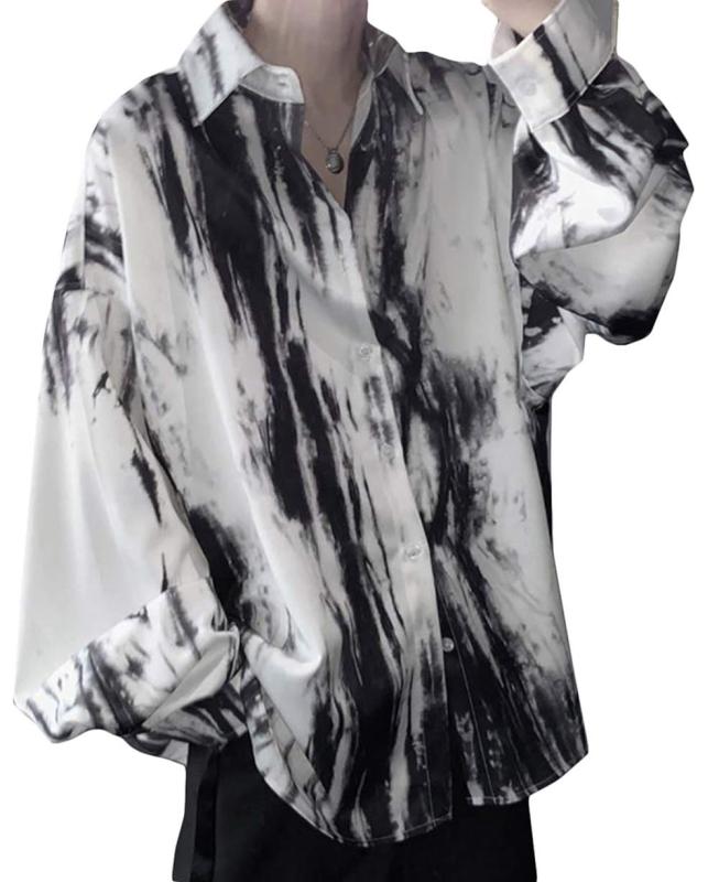 BeiBang(バイバン)メンズ 長袖 シャツ ポロネック カジュアル シャツ プリント おしゃれ 総柄シャツ ゆったり 襟付き ワイシャツ ビック ファッション トップス タイダイ染●今も注目度NO,1のオープンカラーシャツ トレンドの開...