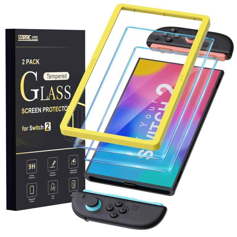 STARTRC GAMES Switch 2 ガラスフィルム ガイド枠付き【2枚入り】Switch 2 保護フィルム 強化ガラス 9H硬度 全面保護 高透過率 飛散防止 耐衝撃 厚さ0.3mm 指紋防止 気泡ゼロ ブルーライトカット 貼り【...