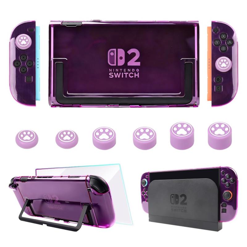 RALANクリアシリーズ Switch 2（2025）対応 透明ハードシェルケース ドック対応 傷防止タイプ グリップ付き保護カバー 折りたたみスタンド＆親指グリップ付属【クリア アトミックパープル＆ロ簡単カスタマイズで個性をプラス：Swi...
