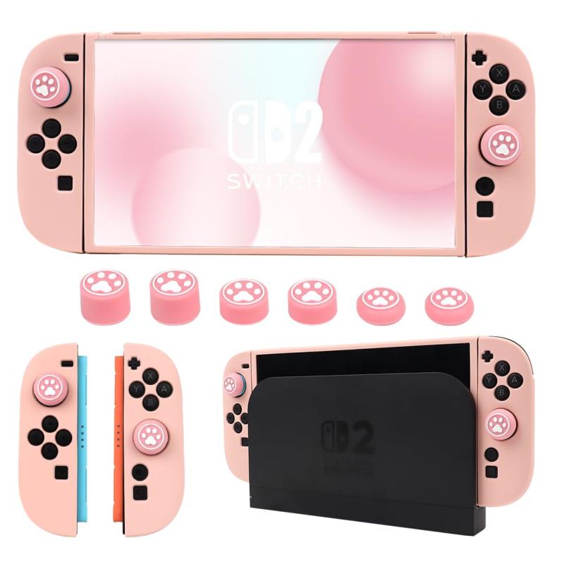 RALAN Switch 2 カバー ピンク かわいい TPU ソフトケース ぴったりフィット 耐摩耗 傷汚れ防止 猫足型ジョイスティックキャップ 6 個付き 高さ調整可能洗練された外観：洗練されたファッションデザインと鮮やかな色彩が、Ni...