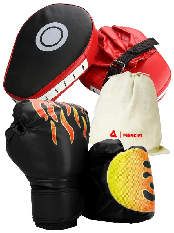 [MERCIEL] ボクシング 子供用グローブ 大人用ミット セット フリーサイズ 親子で 収納袋付き 3色人気のMERCIELブランド　子供用グローブと大人用パンチングミットのセットです高品質な子供用グローブはブルー、ブラック、レッドから...