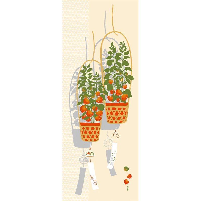 濱文様 絵てぬぐい ほおずき オフ素材：綿100%サイズ：約34cm×約90cm濱文様のてぬぐいは、横浜伝統の型染め手法である「捺染(なっせん)」で染め上げていますタペストリーや壁にかけてインテリアとしてもご利用くださいてぬぐいの両端は従前...