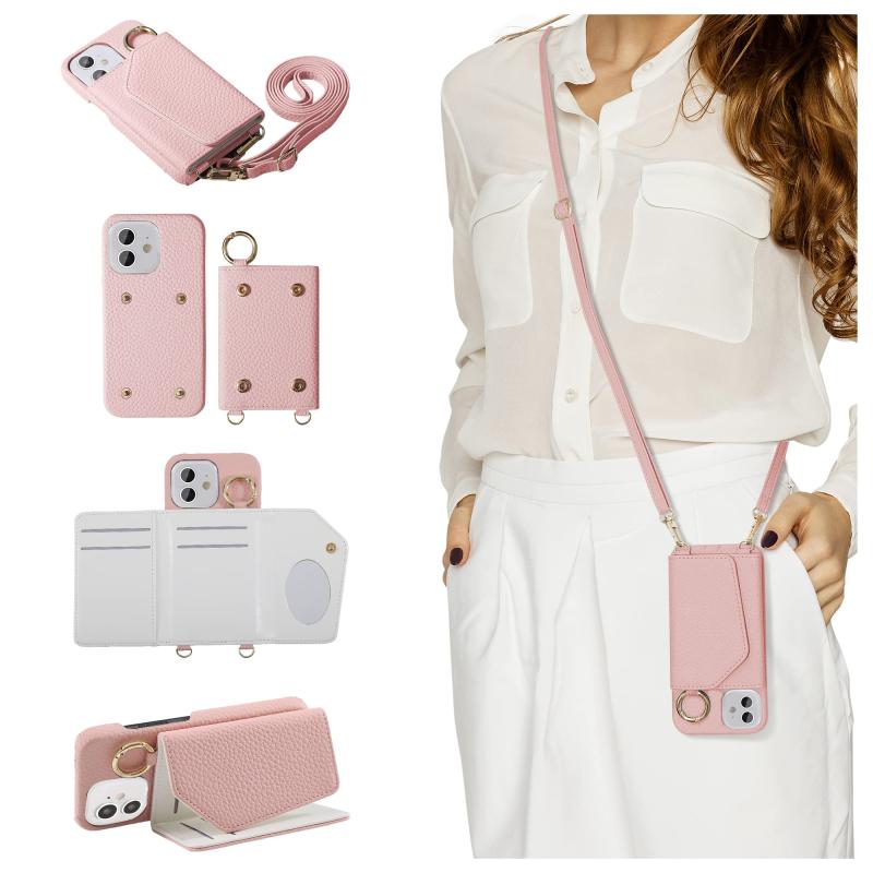 Handodo iPhone 13Pro /13/12/12Pro/12Mini/11/6/7/8/SE/SE2/SE3スマホケースヴィーガンレザーショルダー タイプ背面カード収納肩掛け 斜めかけ リング付き ミラー付き カード収納 背面ポ...