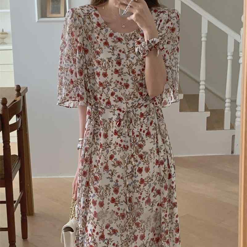 ・スカート丈: ロング・ネックライン: ラウンドネック・袖: フレアスリーブ・袖丈: 五分袖・主な素材: 綿・カラー: グリーン, ピンク・サイズ: フリー (40-67.5kg)・スタイル: スイート