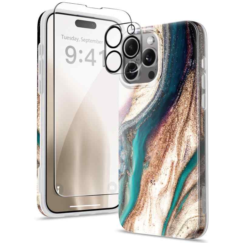 GVIEWIN 3 in 1 iPhone 15 Pro Max用 ケース (6.7インチ専用) 1枚フィルム+1枚カメラレンズフィルム付き 360° 全面保護 耐久性 人気 大理石柄 柔らかいTPU スリム 黄ばみ防止 薄型 米軍MIL規...