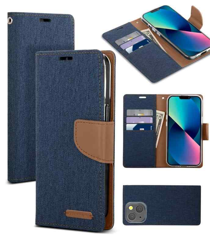Goospery iPhone 13 用 ケース 手帳型 Canvas 6.1インチ、アイフォン13 手帳型ケース、スタイリッシュデニムファブリックデザインスタンド機能付きカードホルダーフリップ携帯カバー IP13-CAN