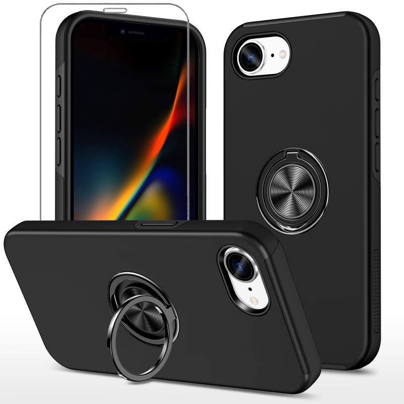 Cakublse いphone16e 用 ケース+ガラス フィルム リング スタンド 付き ストラップホール付き 耐衝撃対応機種：Apple iPhone 16e 6.1インチ。この指リングケースは高級なTPU素材と硬いPC材質で作られたの...