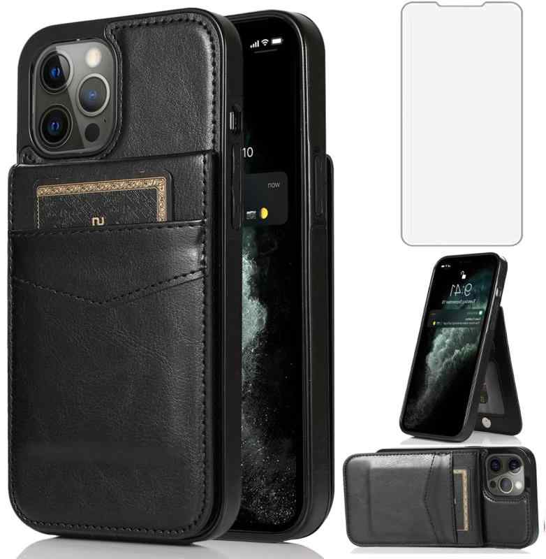 NKECXKJ iPhone 14 ケース用 PUレザー IC カード収納 財布型 携帯カバー + 强化 ガラス フィルム スタンド機能付き マグネット式 手帳型 背面収納 耐衝撃 軽い薄い アイホン いphone14 アイフォン14 あ